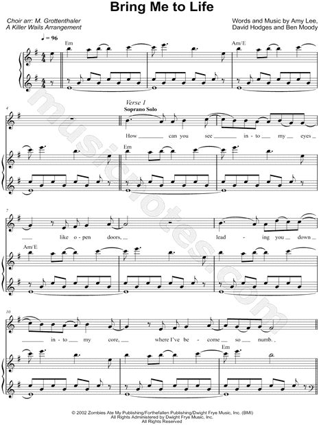 Bring Me To Life Official Sheet Music For Satb Choir Piano By Evanescence