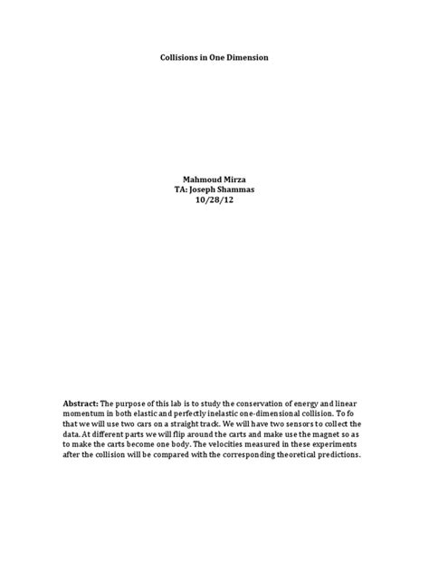 Collisions In One Dimension Lab Report Pdf Collision Momentum