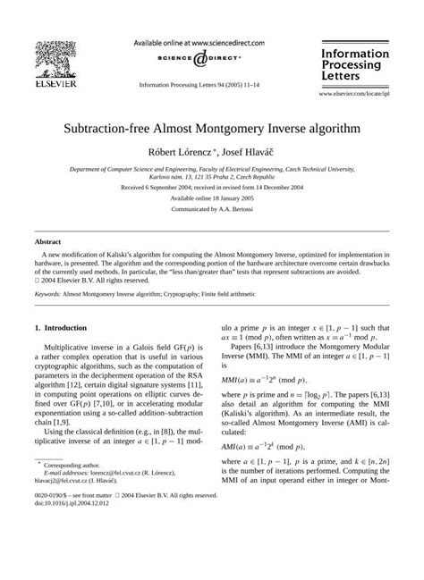 PDF Subtraction Free Almost Montgomery Inverse Algorithm DOKUMEN TIPS