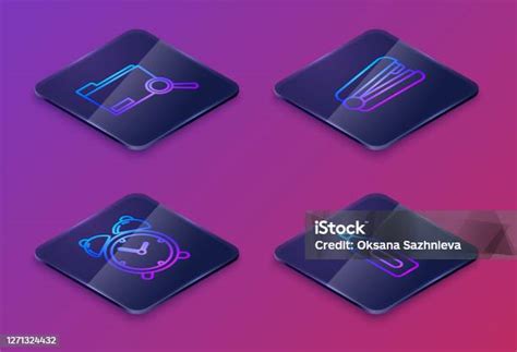 폴더 알람 시계 사무실 스테이플러 및 마커 펜으로 등색 선 검색 개념을 설정합니다 파란색 정사각형 버튼 벡터 3차원 형태에 대한 스톡 벡터 아트 및 기타 이미지 Istock