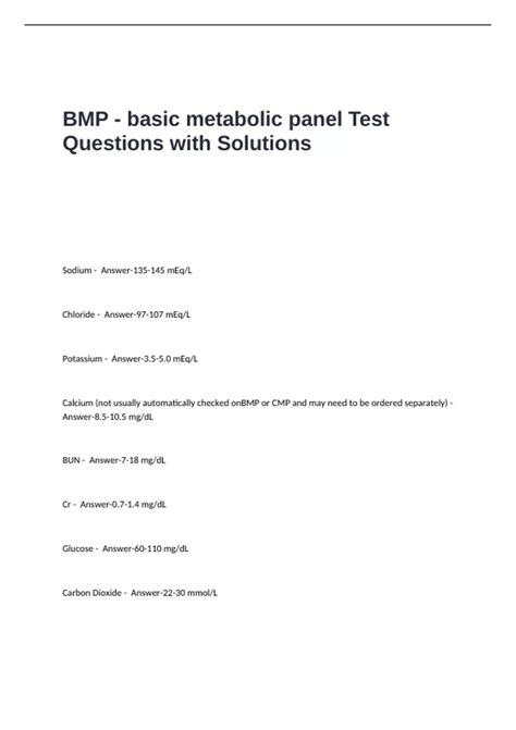 Bmp Basic Metabolic Panel Test Questions With Solutions Bmp Stuvia Us