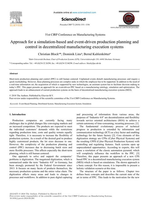 Pdf Approach For A Simulation Based And Event Driven Production Planning And Control In
