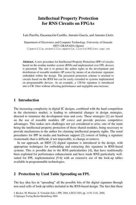 Pdf Intellectual Property Protection For Rns Circuits On Fpgas