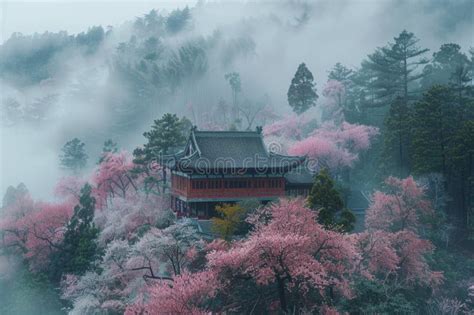 A Building Surrounded By Pink Trees In The Forest Ideal For Nature And