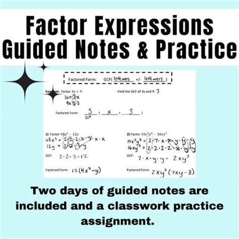 Factor Expressions Guided Notes For Two Days And Practice Worksheet