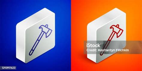 파란색과 주황색 배경에 격리된 등색 선 소방관 도끼 아이콘 화재 도끼 실버 스퀘어 버튼 벡터 강철에 대한 스톡 벡터 아트 및 기타 이미지 Istock