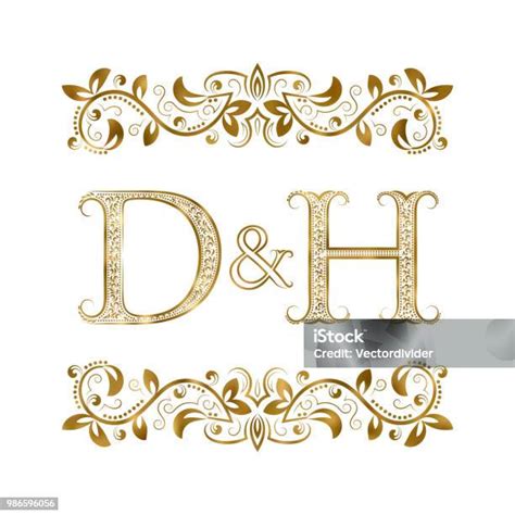 D와 H 빈티지 이니셜 상징 글자 장식 요소에 의해 포위 된다 결혼식 또는 로얄 스타일에서 비즈니스 파트너 모노 그램입니다 고풍스런에 대한 스톡 벡터 아트 및 기타 이미지