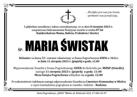 Nekrolog Maria Świstak Eden Dom Pogrzebowy