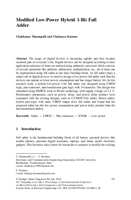 Pdf Modified Low Power Hybrid 1 Bit Full Adder