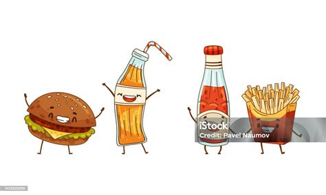 패스트 푸드 세트 소다 음료와 햄버거 케첩과 감자 튀김은 영원히 친구입니다 만화 벡터 일러스트 레이 션 감자 요리에 대한 스톡 벡터 아트 및 기타 이미지 Istock