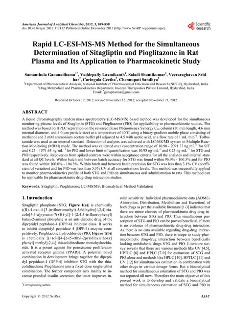 Pdf Rapid Lc Esi Ms Ms Method For The Simultaneous Determination Of Sitagliptin And