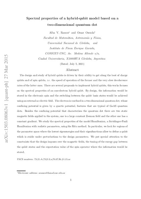 Pdf Spectral Properties Of A Hybrid Qubit Model Based On A Two Dimensional Quantum Dot Omar