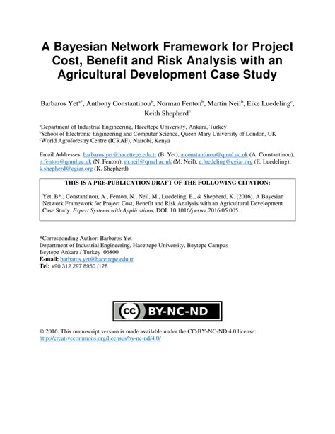 Pdf A Bayesian Network Framework For Project Cost Benefit And Risk