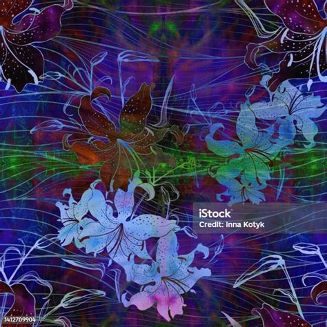 원활한 패턴 백합 꽃 새싹 및 잎 꽃 디지털 아트 여름 정원 꽃 인쇄물 표지판 항목 웹 사이트지도를 사용하십시오 그래픽 프린트에 대한 스톡 벡터 아트 및 기타 이미지