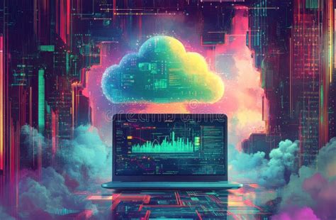 Futuristic Laptop Displaying Cloud Computing And Data Visualization In A Digital Cosmos Stock