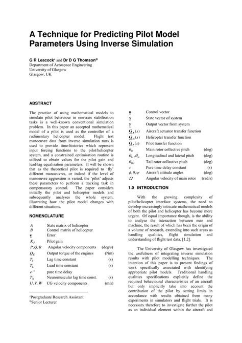Pdf A Technique For Predicting Pilot Model Parameters Using Inverse Simulation