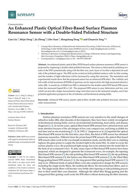 Pdf An Enhanced Plastic Optical Fiber Based Surface Plasmon Resonance Sensor With A Double
