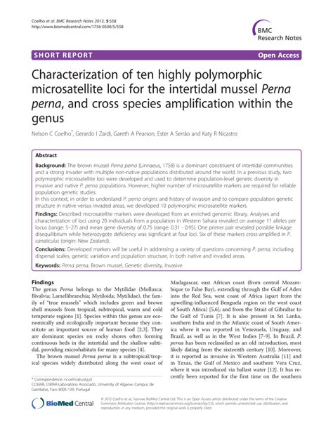 Pdf Characterization Of Ten Highly Polymorphic Microsatellite Loci For The Intertidal Mussel