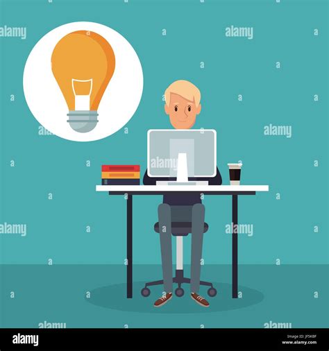 color scene background side view web developer man in desk icon light