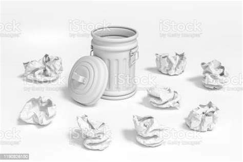 흰색 배경 3d 렌더링에 구겨진 종이의 많은 공 중 흰색 재활용 쓰레기통 0명에 대한 스톡 사진 및 기타 이미지 0명 개념 거절 Istock