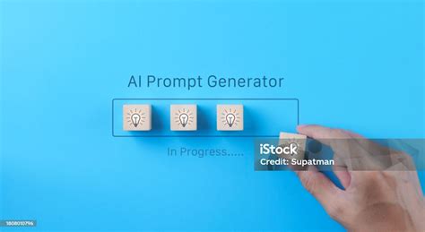 Ai 또는 인공 지능 개념 가상 인포 그래픽 Ai 프롬프트 생성기에 아이디어 전구 나무 큐브를 손으로 놓고 파란색 배경에서 진행중인 응용 프로그램 소프트웨어 프롬프트 이미지