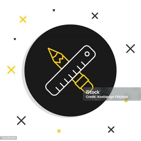 흰색 배경에 격리 된 선 교차 눈금자와 연필 아이콘 스트레이트 엣지 기호입니다 드로잉 및 교육 도구 다채로운 개요 개념 벡터