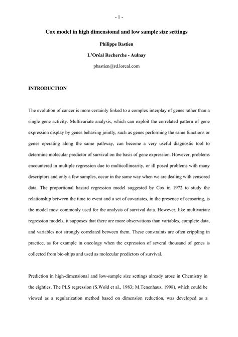 Pdf Cox Model In High Dimensional And Low Sample Size Settings