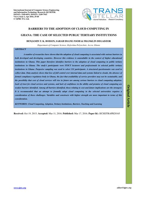 Pdf Barriers To The Adoption Of Cloud Computing In Ghana The Case Of Selected Public Tertiary