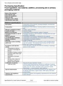 Raw Material Specification Sheet Template