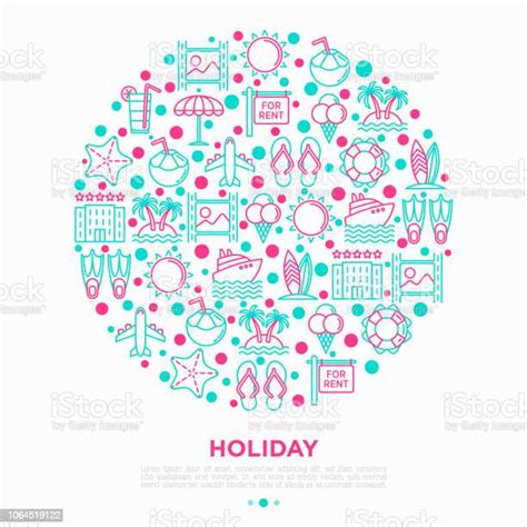 얇은 선 아이콘 원에서 휴가 개념 태양 요트 서핑 호텔 비치 파라솔 섬 코코넛 음료 비행기 불가사리 사진 아이스크림 배너 인쇄 미디어 벡터 그림입니다 벡터에 대한 스톡 벡터