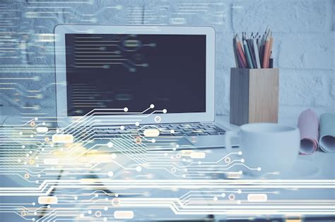 Premium Photo Double Exposure Of Desktop With Personal Computer On Background And Tech Theme