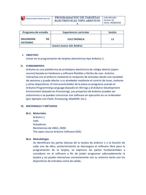 Guia De Practica De Laboratorio N 13 Pdf Arduino Tecnologías De