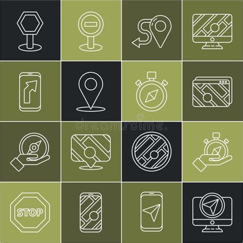 Set Line Monitor With Location Marker Compass Infographic Of City Map Navigation Route