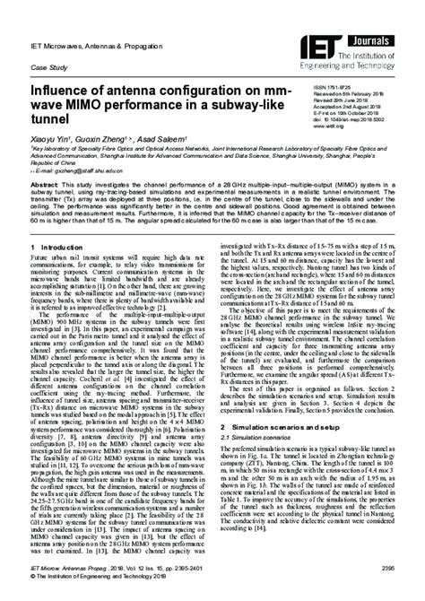 Pdf Influence Of Antenna Configuration On Mm Wave Mimo Performance In A Subway Like Tunnel