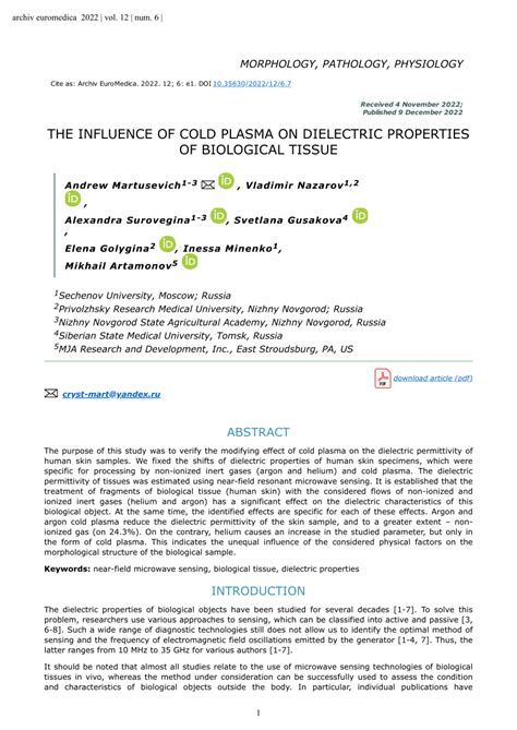Pdf The Influence Of Cold Plasma On Dielectric Properties Of Biological Tissue