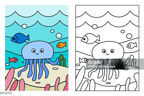해파리와 심해 색칠하기 아이들을 위한 그림 그리기 교육 색칠하기 책에 대 한 판타지 테마의 간단한 만화 그림 귀여운에 대한 스톡 벡터 아트 및 기타 이미지 Istock