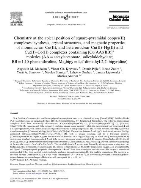 Pdf Chemistry At The Apical Position Of Square Pyramidal Copper Ii Complexes Synthesis