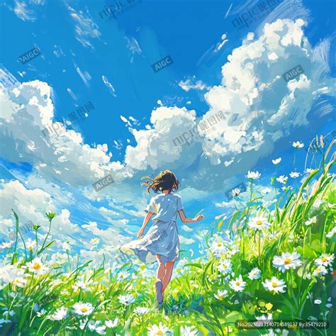 Ai创作图春之风影治愈系小插画 治愈系唯美插画 雏菊少女插画 浪漫动漫洁白云朵 梦幻风景女孩 新海诚动漫风装饰画 治愈系插画插图 女孩风景画 治愈系插 梦幻少女插画 唯美治愈画面 蓝天白云小