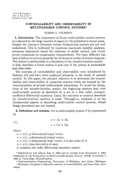 Controllability And Observability In Multivariable Control Systems