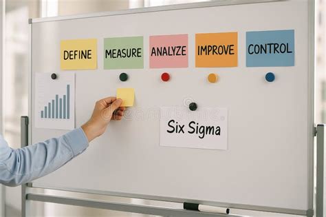 Project Management Process Steps On Whiteboard Showing Six Sigma Phases With Colorful Notes And