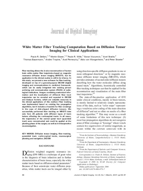 Pdf White Matter Fiber Tracking Computation Based On Diffusion Tensor Imaging For Clinical