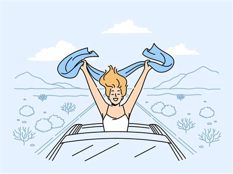 Happy Woman With Scarf Riding In Cabriolet Car In Desert Smiling Girl