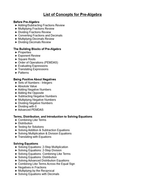 Pre Algebra Concepts Overview Pdf Area Numbers