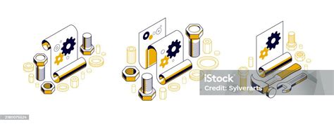 기술 수리 매뉴얼 가이드북 개념 세트 사용자 매뉴얼 및 기술 지침 브로셔 기어 및 도구가 있는 종이 시트 3d 아이소 메트릭 벡터 일러스트레이션 수리 자습서 3차원 형태에