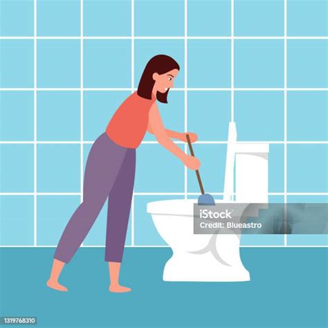 평평한 디자인의 화장실을 청소하는 여성 욕실에서 주부 화장실 건축물에 대한 스톡 벡터 아트 및 기타 이미지 화장실 건축물