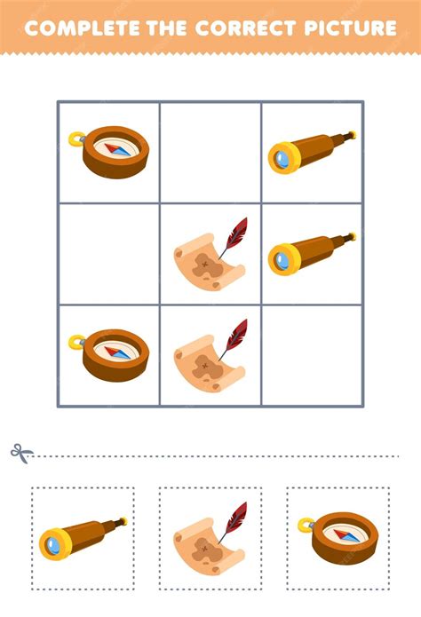 어린이를 위한 교육 게임은 귀여운 만화 망원경 보물 지도와 나침반 인쇄 가능한 해적 워크시트의 정확한 그림을 완성합니다 프리미엄 벡터