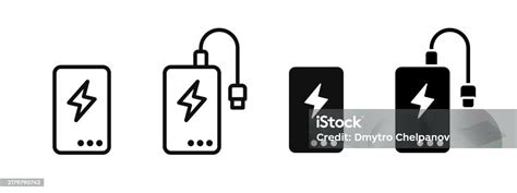 충전 케이블 아이콘이 설정된 보조 배터리 배터리 충전 장치 기호입니다 휴대 전화 전원 공급 장치 표시 휴대용 누산기 벡터 그림 전기 장치 재충전 기술 픽토그램 Usb