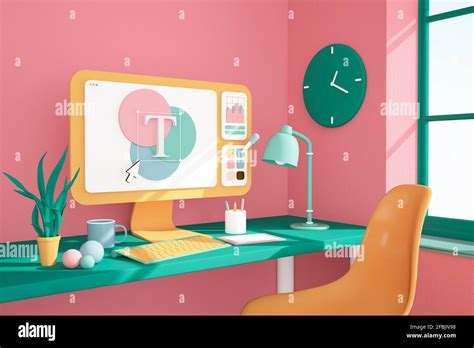 Three Dimensional Render Of Desk With Computer Monitor Displaying Graphic Editing Program Stock