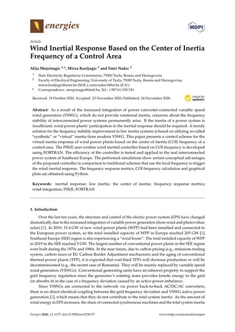 Pdf Wind Inertial Response Based On The Center Of Inertia Frequency Of A Control Area
