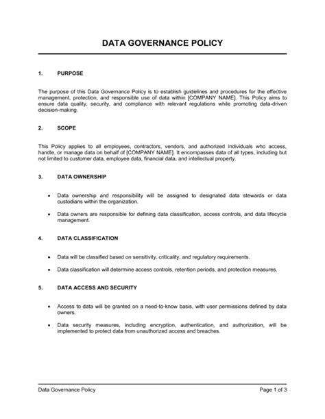 Sample Data Governance Policy Template Bc Heathers Society